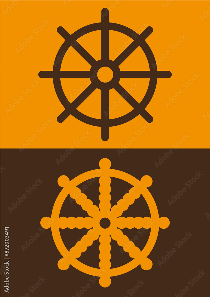 his illustration features a dharma wheel, a spoked wheel with eight ...