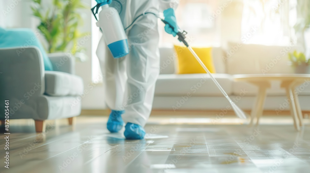 PPEclad worker using a disinfectant sprayer inside a modern living room ...