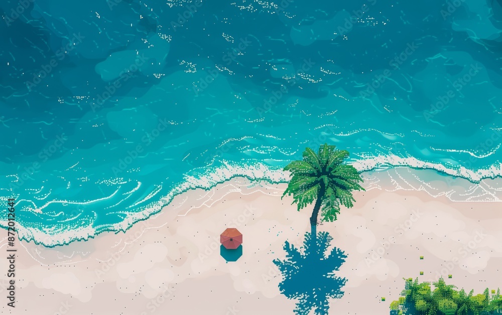 A top-down pixel art scene depicts a sparkling ocean with gentle waves ...