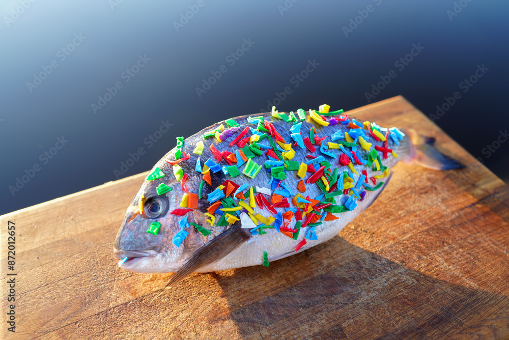 Microplastics in Fish. Dead fish in sea, eats plastic waste. Ocean ...