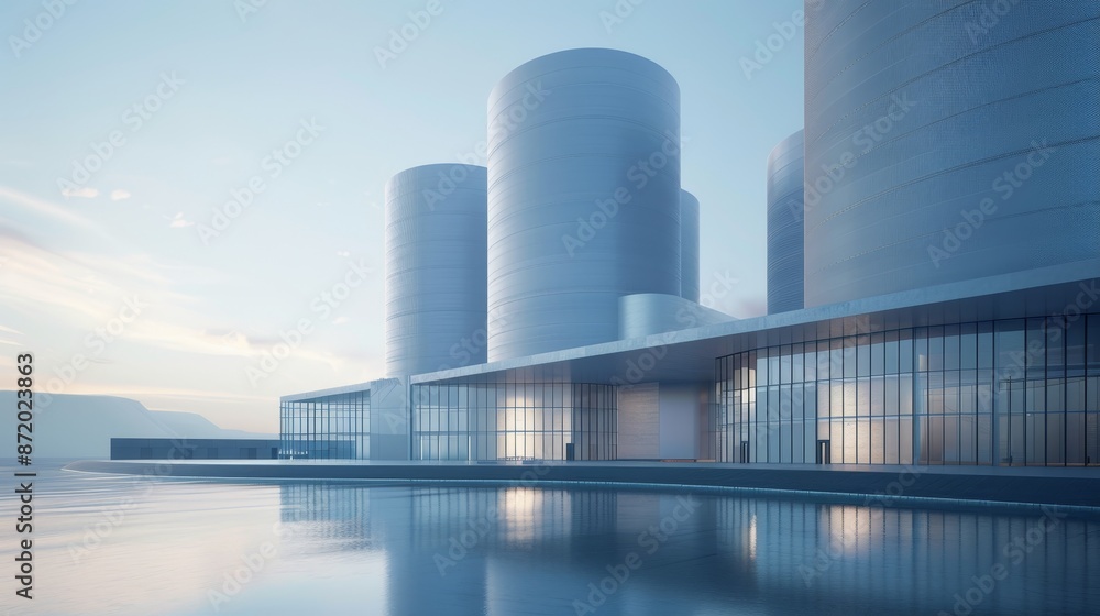 An exterior view of a large fusion energy facility, with multiple ...