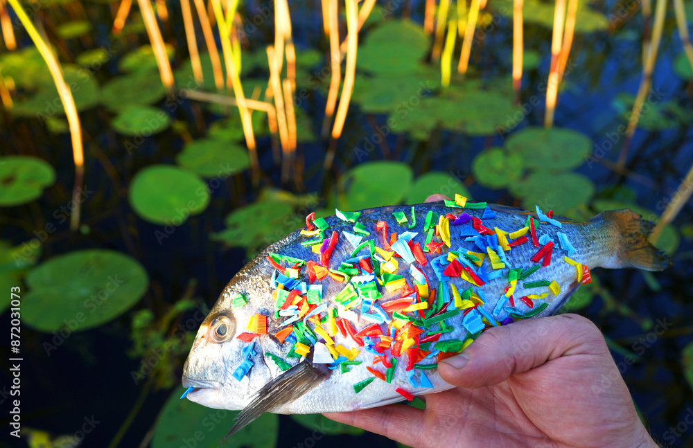 Microplastics in Fish. Dead fish in sea, eats plastic waste. Ocean ...