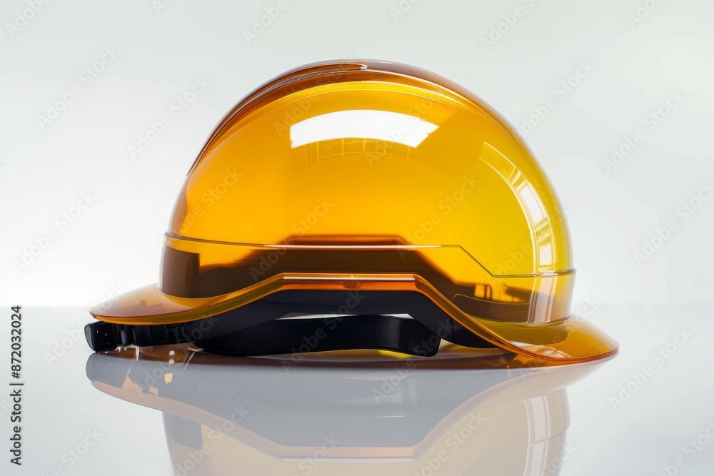 A bright yellow safety helmet with a reflective strip sits on a clean ...
