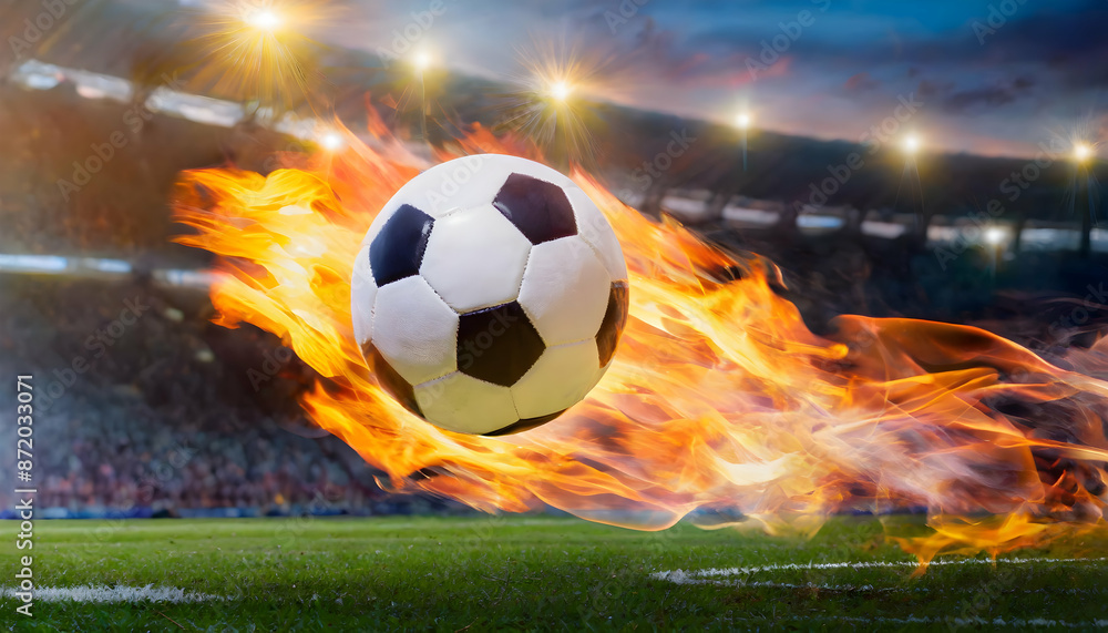 soccer ball in fire.a soccer ball flying with burning fire flames ...
