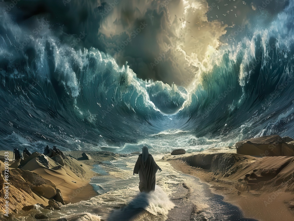 epic biblical scene moses parting the red sea dramatic lighting ...