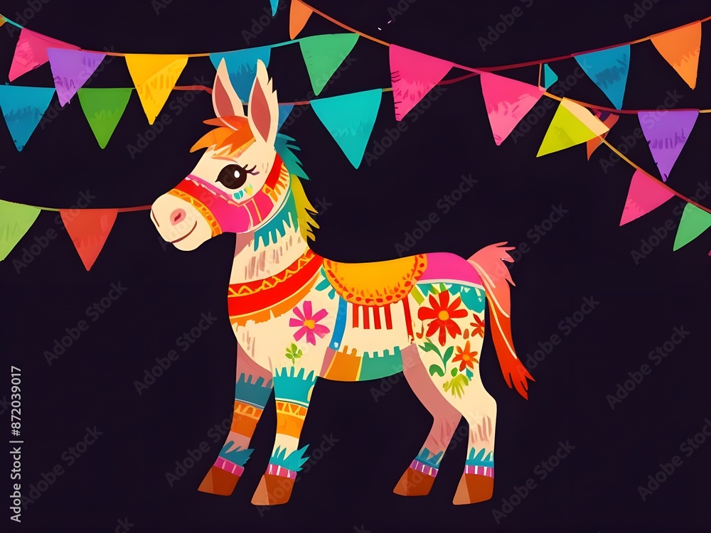 Watercolor illustration of fun and colorful donkey pinata with confetti ...