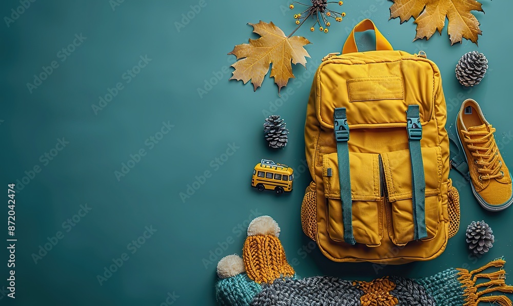yellow backpack, school bus on a vertical blue background back to ...