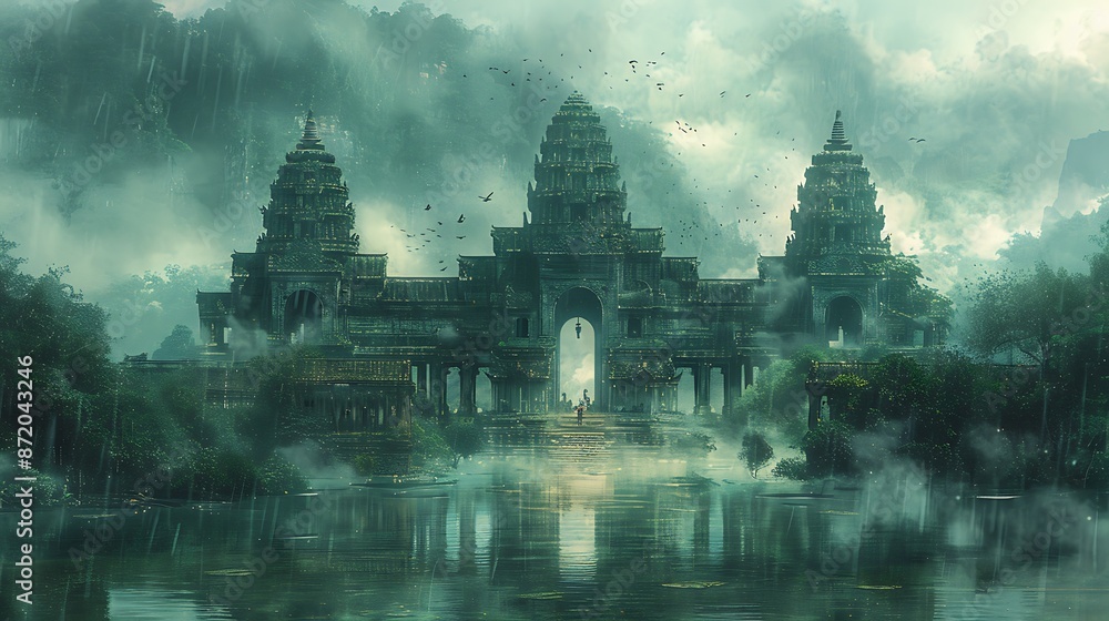 An anime fantasy scene of Angkor Wat, surrounded by floating islands ...