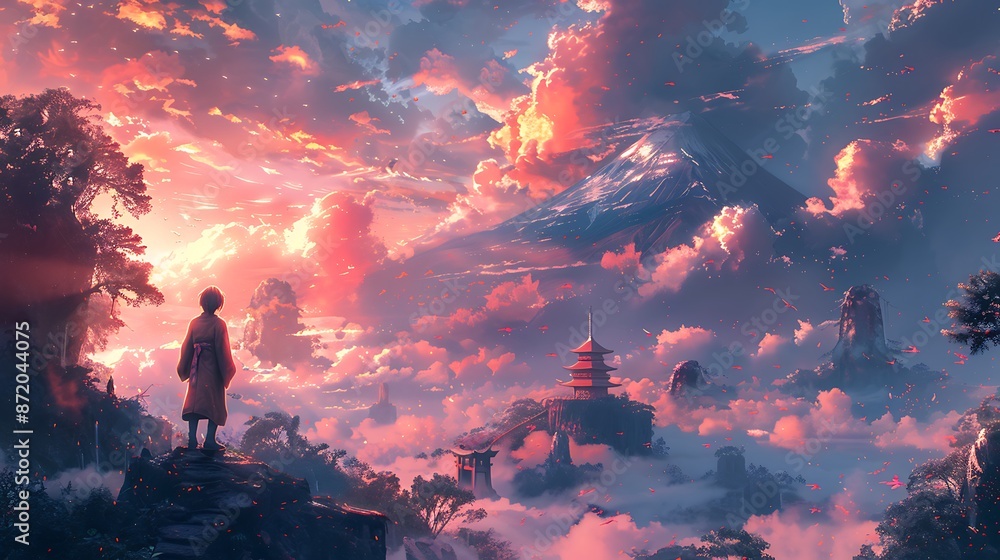 An anime fantasy scene of Mount Fuji, surrounded by floating islands ...