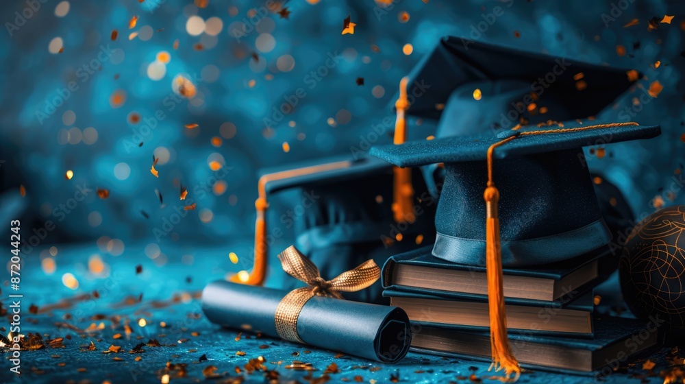 A collection of graduation hats, books, diploma scrolls, and globes ...