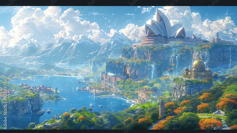 An anime fantasy scene of the Sydney Opera House, surrounded by ...