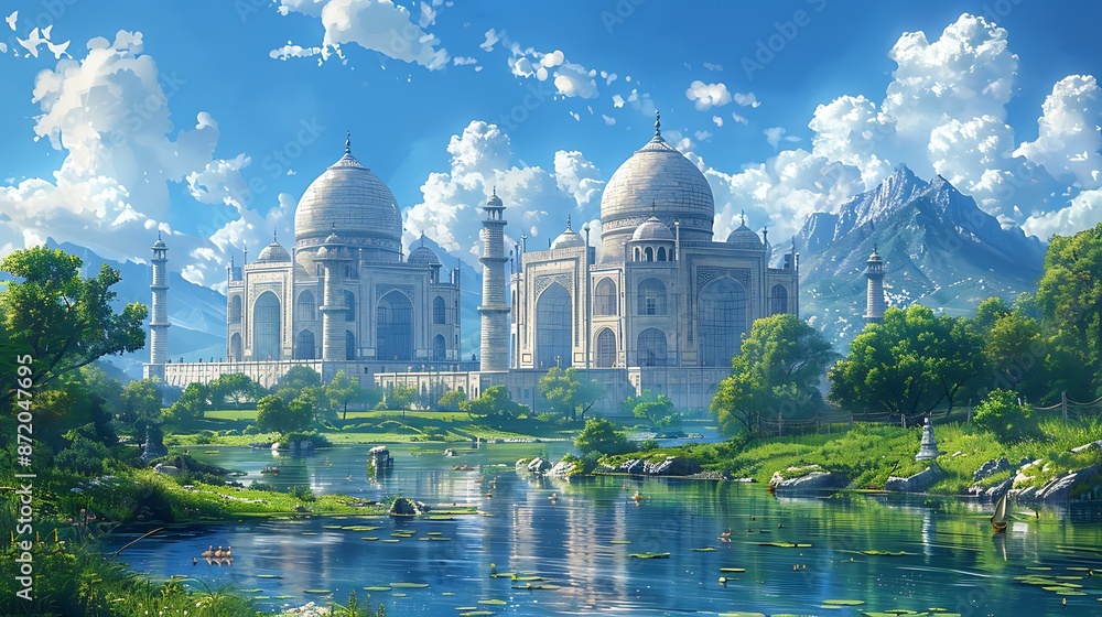 An anime fantasy scene of the Taj Mahal, surrounded by floating islands ...