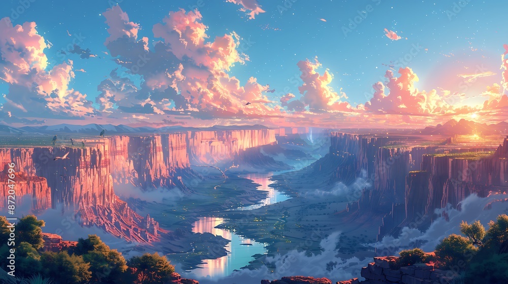 An anime fantasy scene of the Grand Canyon, with mythical creatures and ...