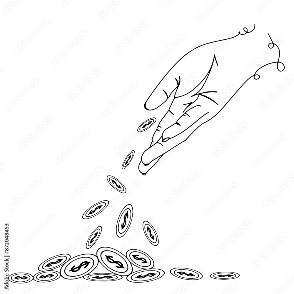 Continuous line drawing of Coins falling from pile of money in man hand ...