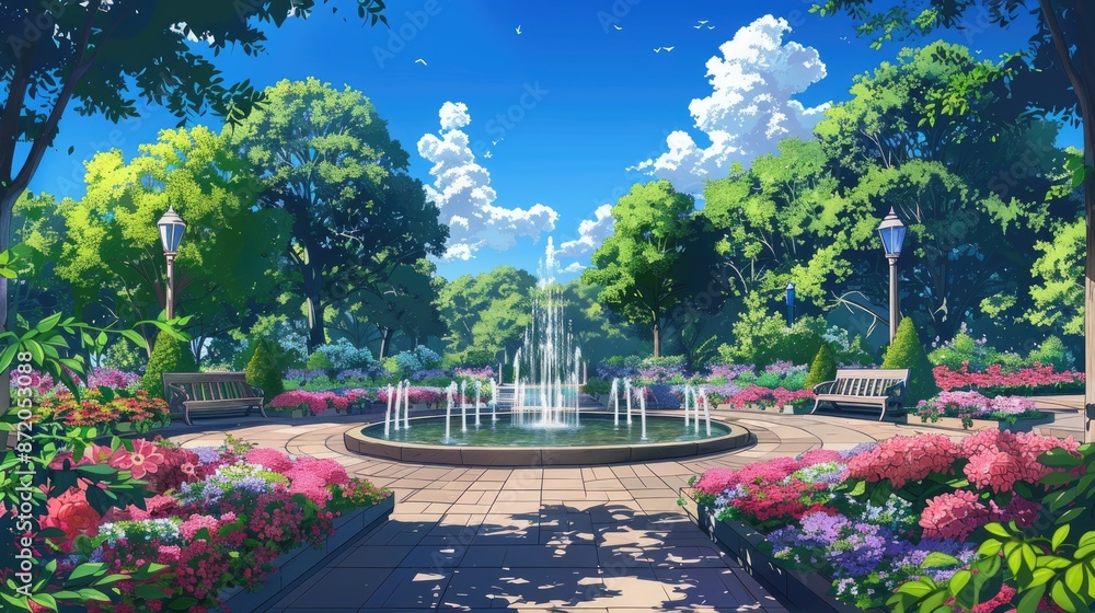 Stylized anime artwork of a park scene featuring vibrant flower beds ...