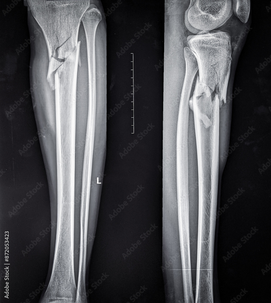 X ray image showing comminuted fracture of upper part of shaft of tibia Stock Photo | Adobe Stock