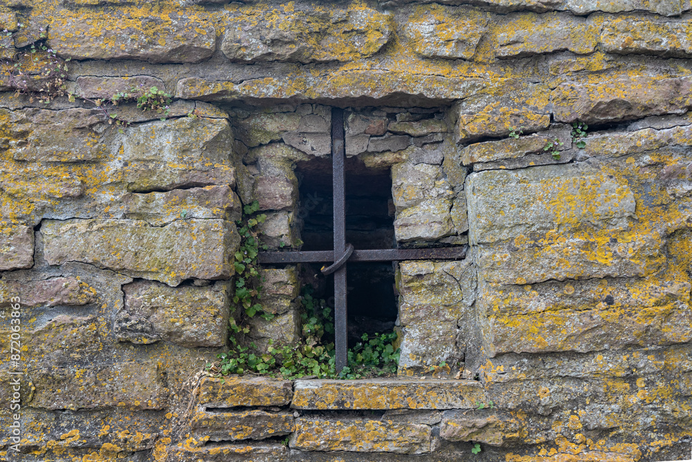 Iron metal rusty grating or prison bar on the window. The basement ...
