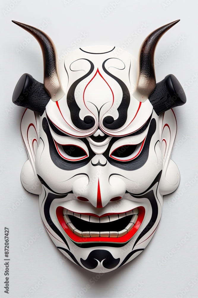 Hannya mask, used in Japanese Noh theater. The mask is predominantly ...