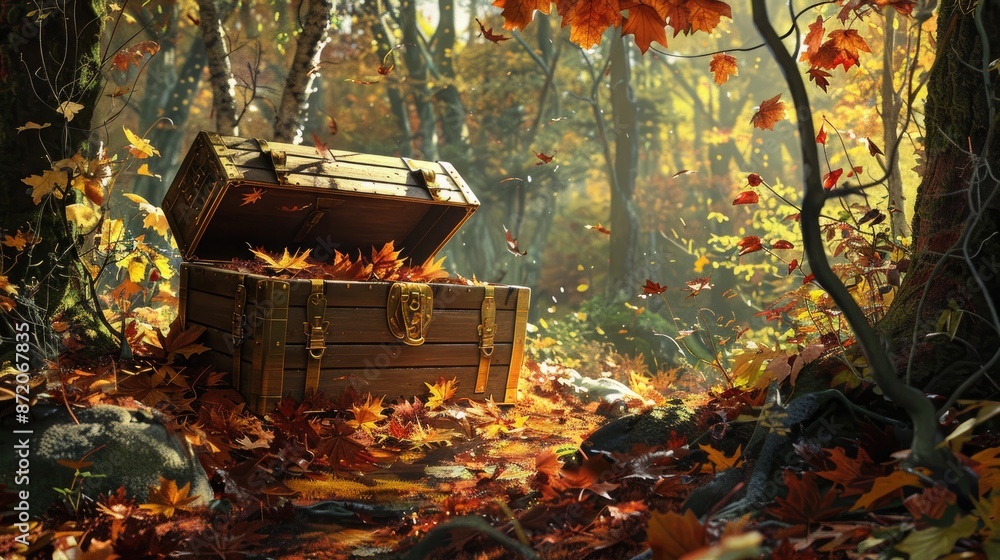 Illustrative scene of a treasure chest half-buried beneath fallen ...