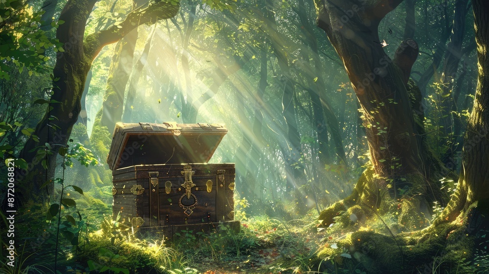 Imaginative artwork portraying a treasure chest surrounded by towering ...
