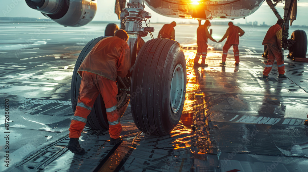 A group of mechanics in safety gear lifting and aligning a new tire ...