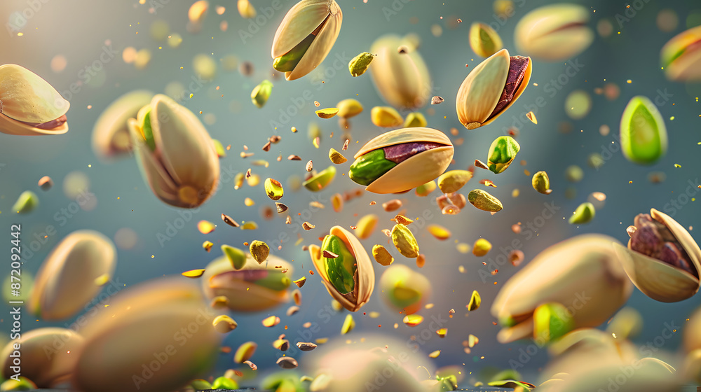 Realistic pistachio nuts falling in explosion splash for snack package ...