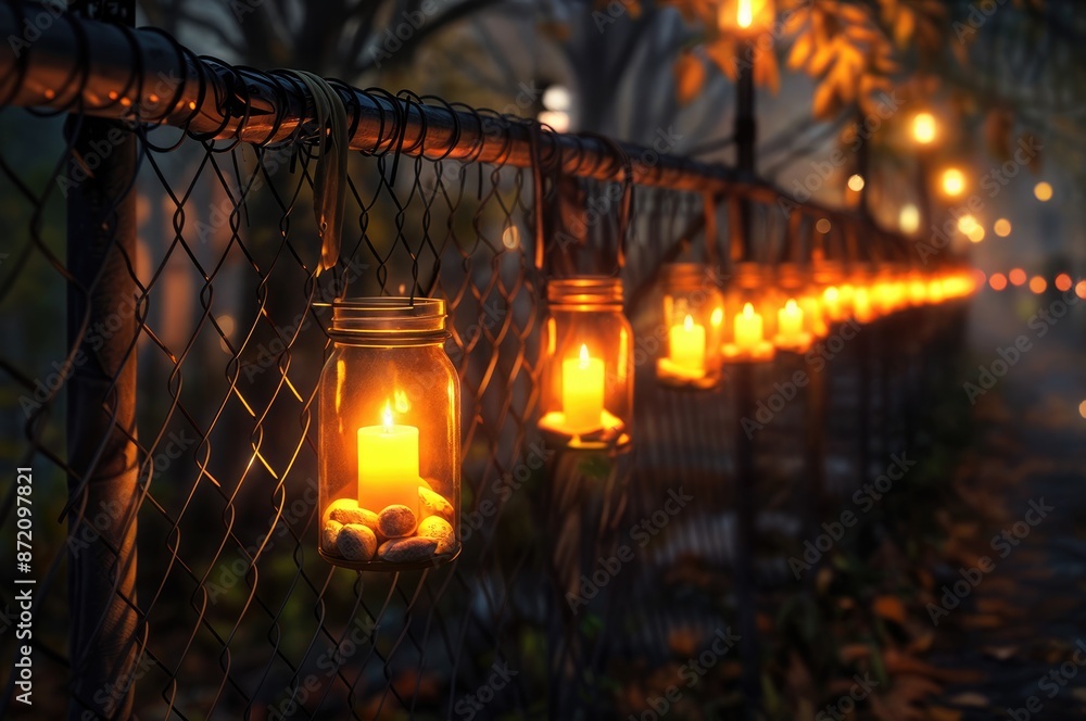 A long chain of lit candles hanging from a fence at night. The candles ...