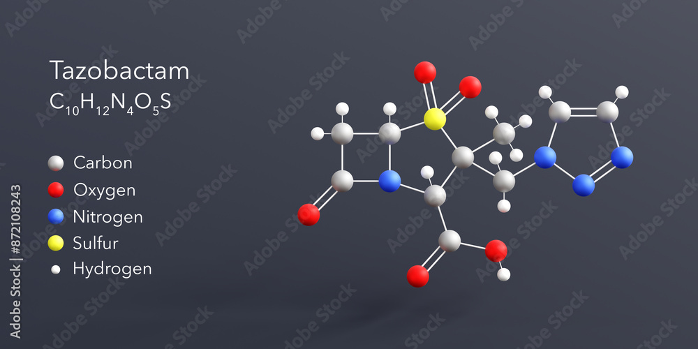tazobactam molecule 3d rendering, flat molecular structure with ...