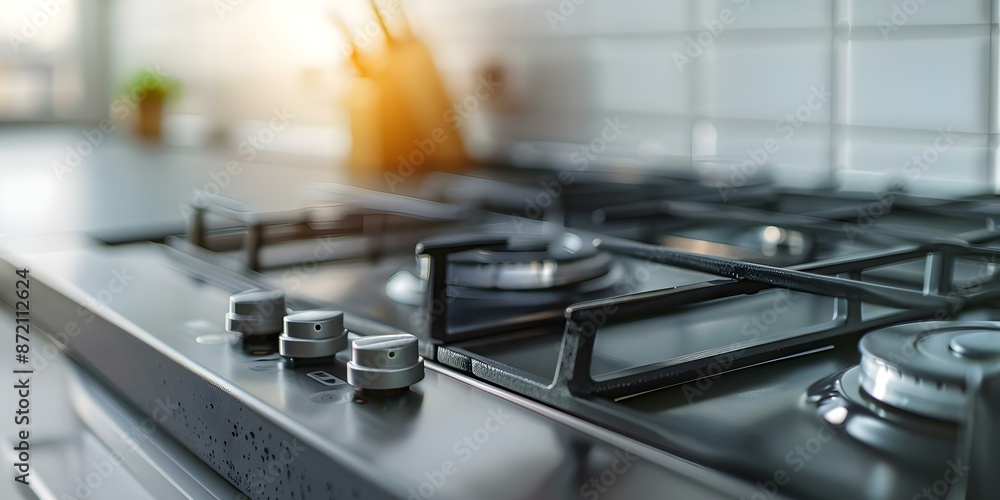 Modern kitchen with integrated gas hob or induction stove closeup view ...