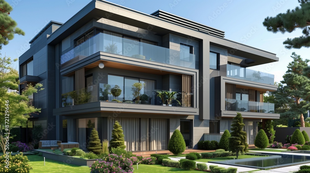 Chic front design of a duplex with a grey exterior, sleek glass ...