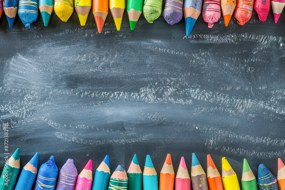 Colorful chalks in various colors on a blackboard background with copy ...