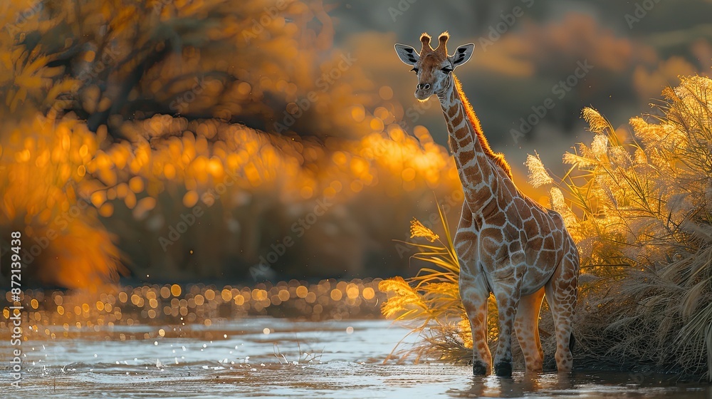 Giraffe with long neck near river. Beautiful giraffe against sunset ...