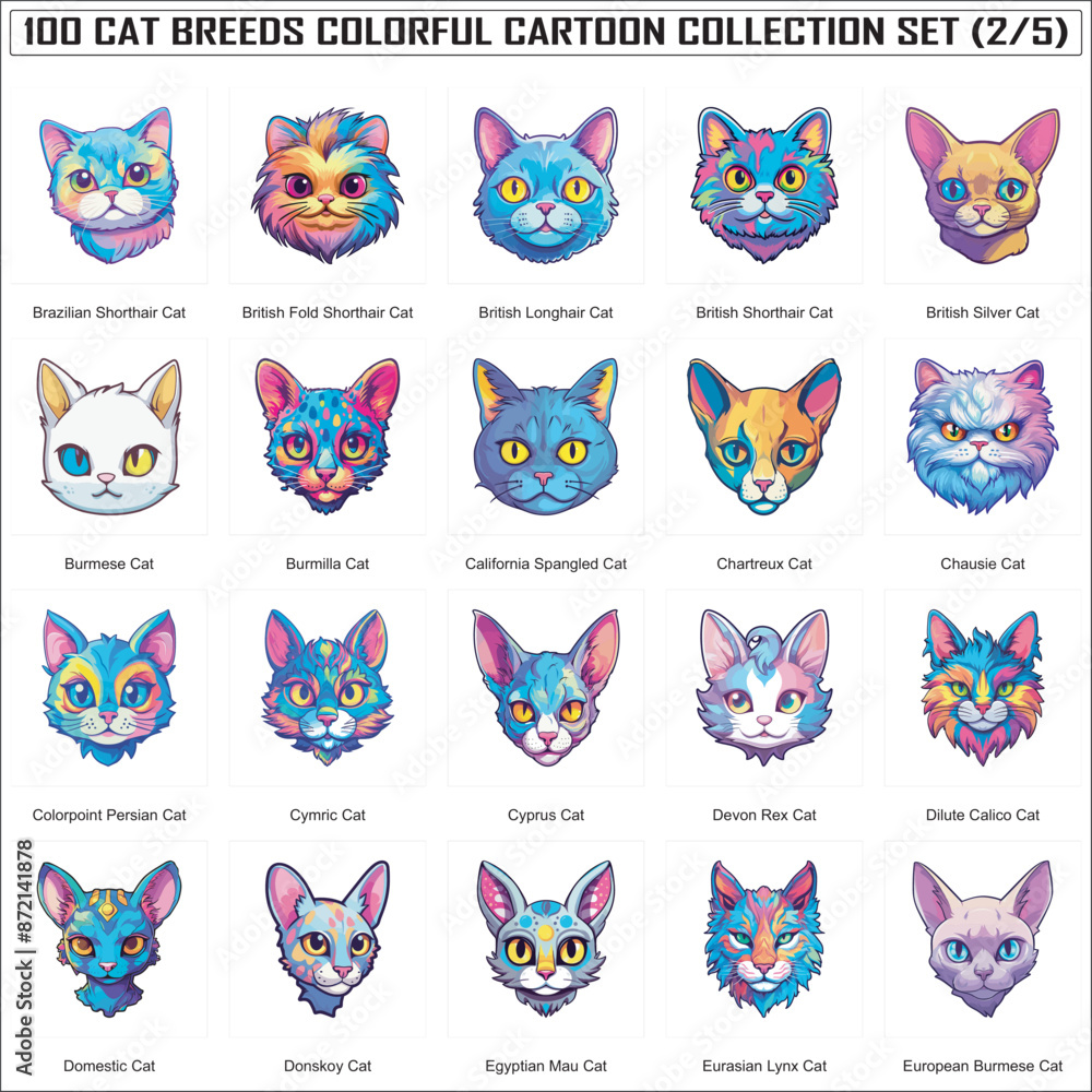 Funny Cat Breeds Cute Colorful Cats Cartoon Characters Bundle ...