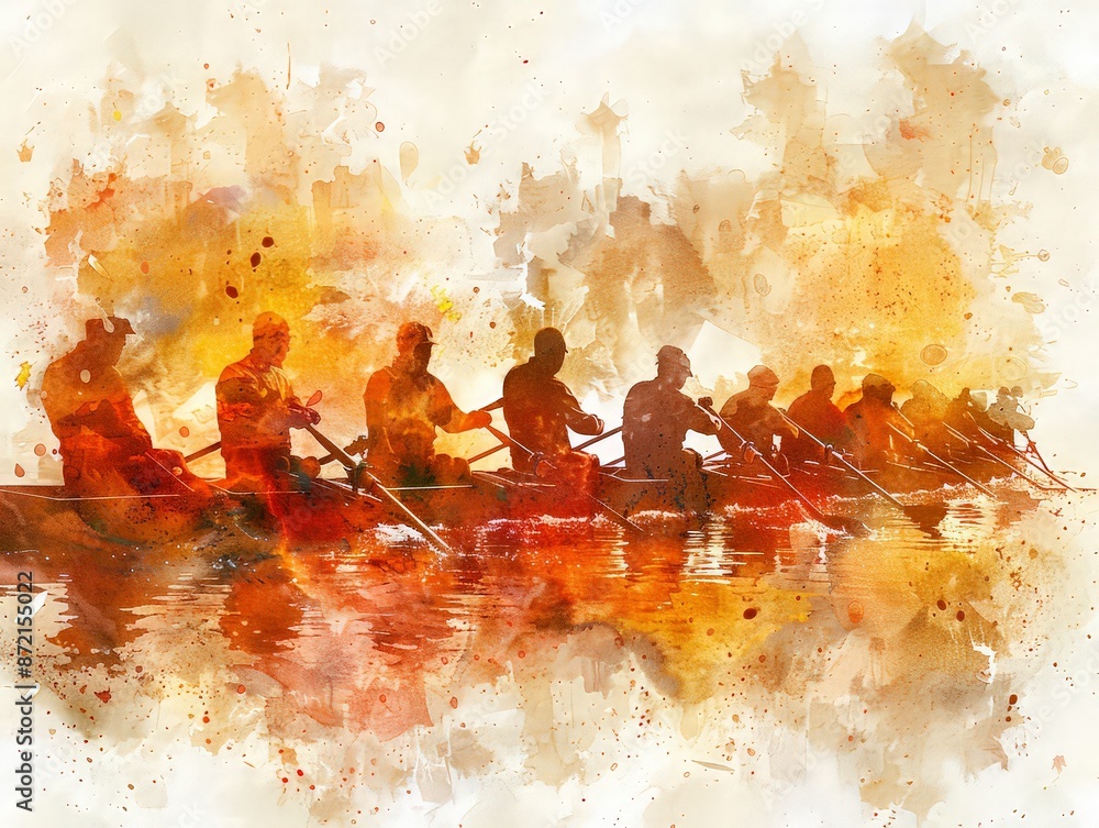 synchronized rowing team racing on a river, emphasizing cooperation and ...