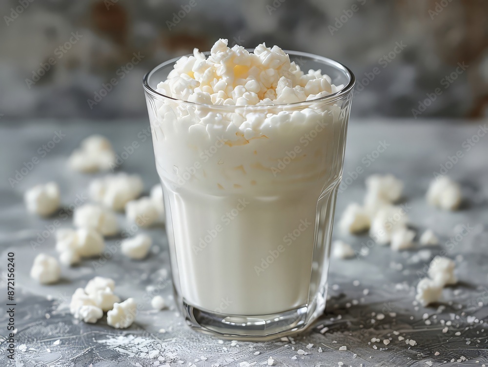 glass of creamy milk kefir with kefir grains, highlighting its rich ...