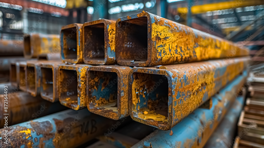 Stack of steel pipes in a metallurgical plant, factory or workshop ...