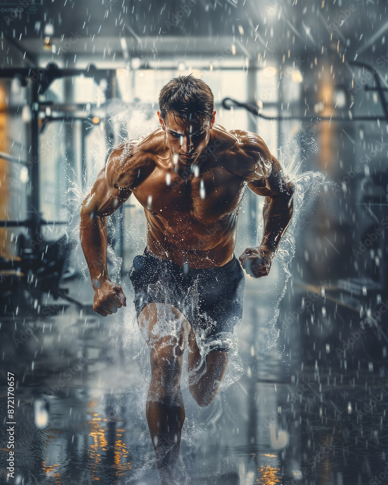 Muscular athlete sprinting through rain in gym. Shirtless man showcases ...