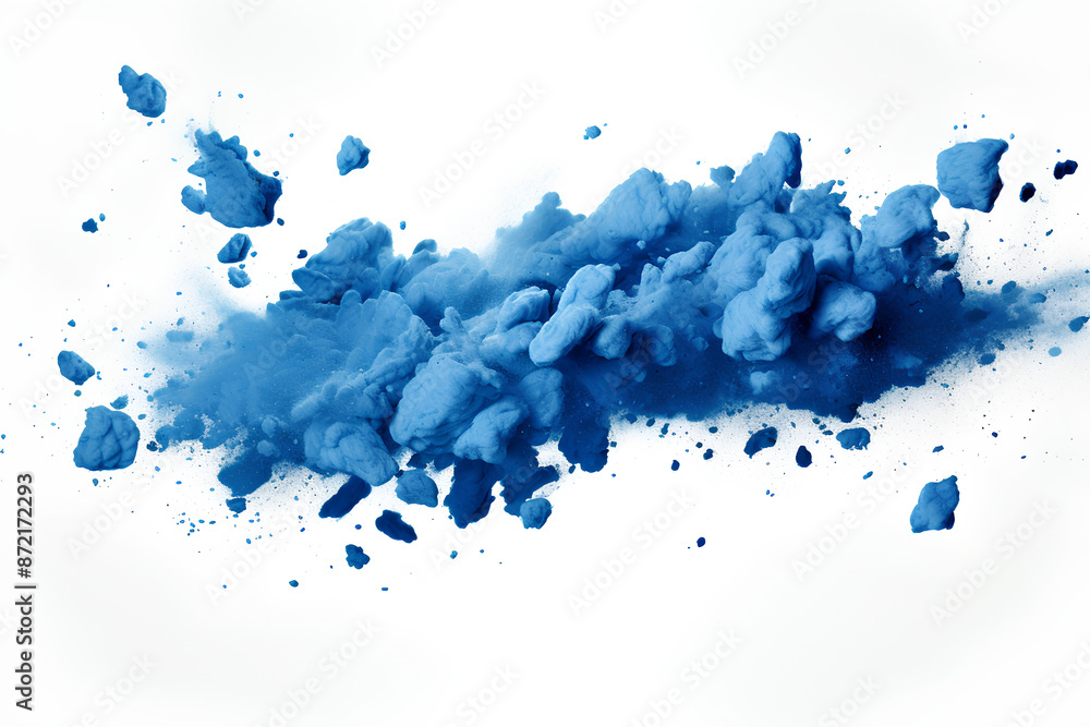 Blue chalk pieces and flying dust, exploded effect isolated white ...