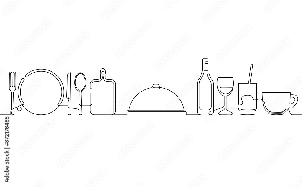 Restaurant theme illustration. The art of continuous line drawing with ...