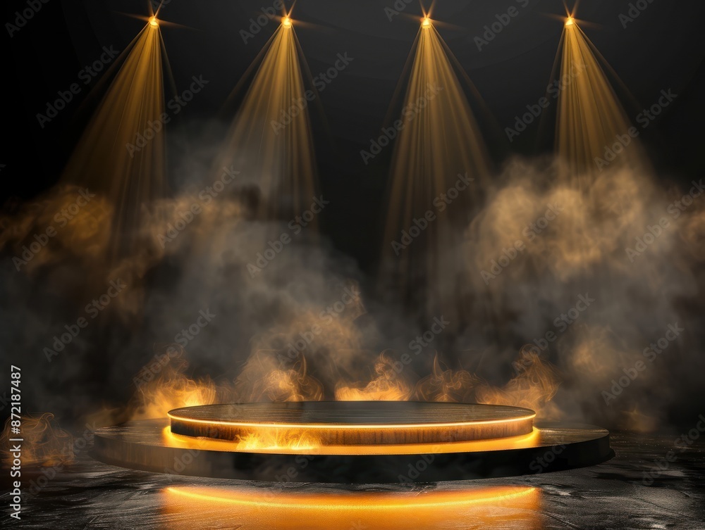 Free stage with lights and smoke, Empty stage with gold yellow ...