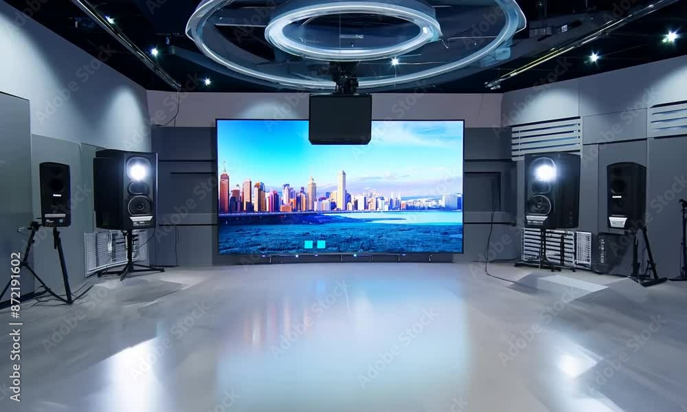 A virtual background on the screen in a TV studio is an innovative ...