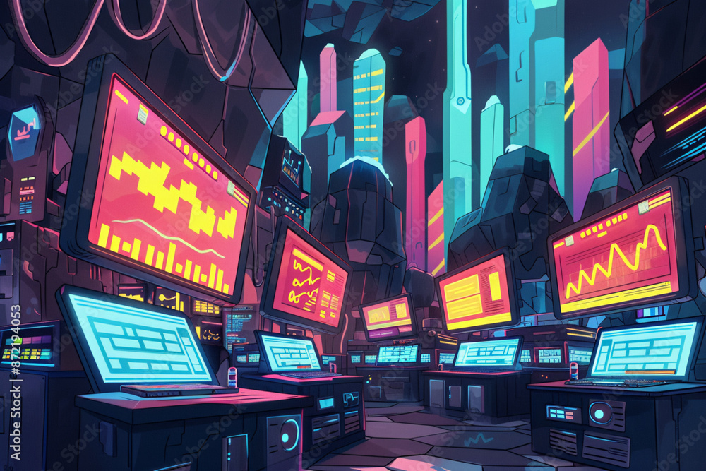 An abstract cartoon world where floating laptops show animated, rapidly ...