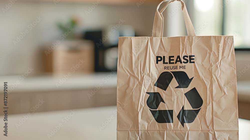 Close-up of a brown paper bag with a recycling symbol and 'Please Reuse ...