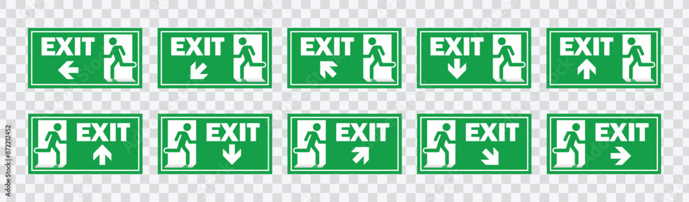 "Emergency exit sign set. Running man and exit door icons for safety ...