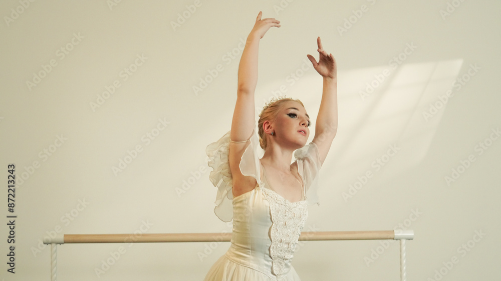 Ballet Dancer in Uplifted Pose at the Barre in Sunlit Studio Stock ...