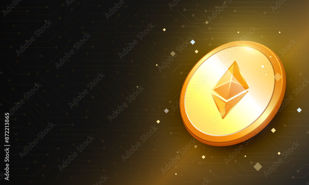 Banner with 3d glowing golden coin with Ethereum logo on black ...