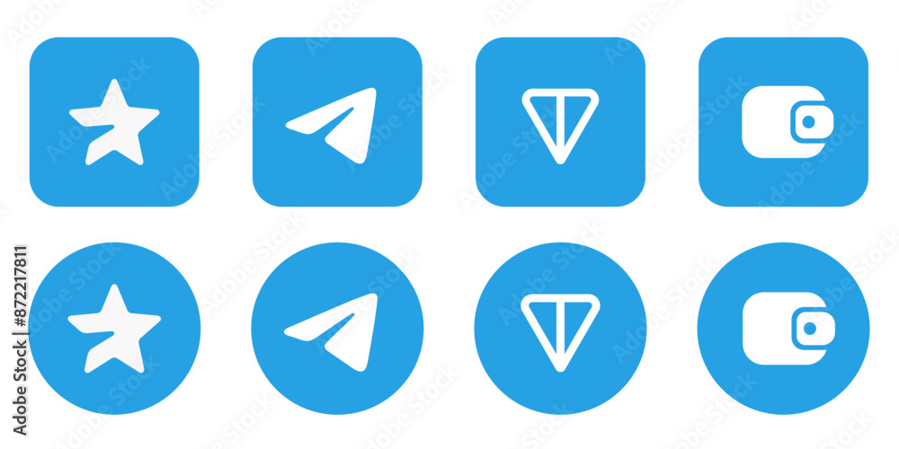Set of blue square flat Telegram icons - Toncoin cryptocurrency sign ...