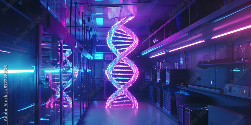Modern Laboratory with Glowing DNA Helix and High-Tech Equipment Under ...