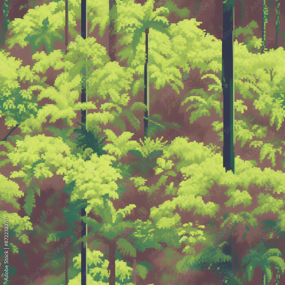 Seamless pixel art pattern of dense rainforest, with tall trees and ...