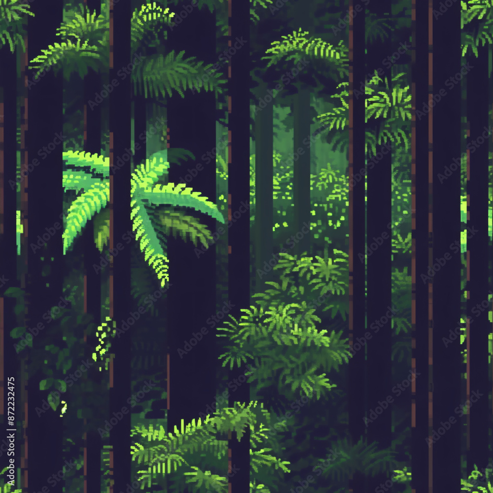 Seamless pixel art pattern of dense rainforest, with tall trees and ...